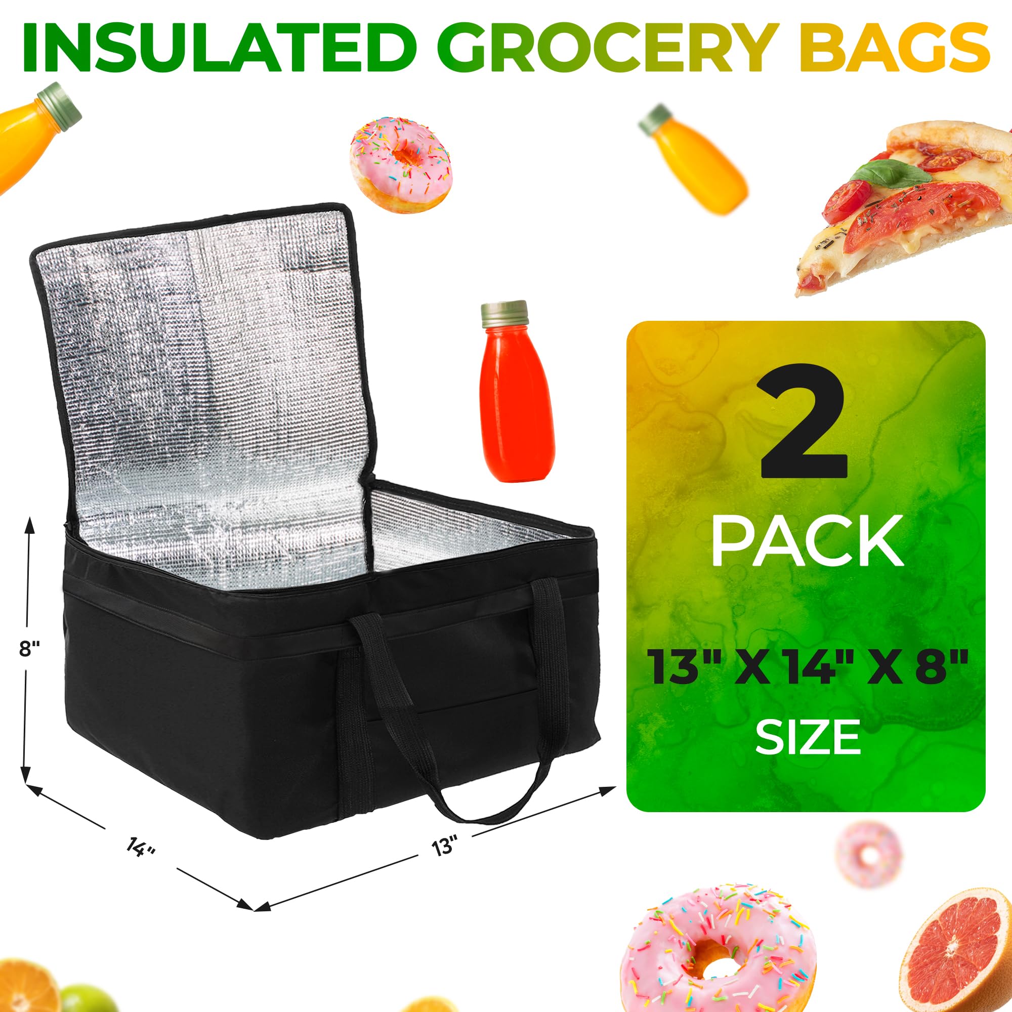 PUREVACY Insulated Food Delivery Bag, 13 x 14 x 8 Inch. 2 Pack Insulated Reusable Grocery Bags with Zipper. Polyester, Aluminum-Coated Insulated Bags for Food Delivery. Catering Bag for Food