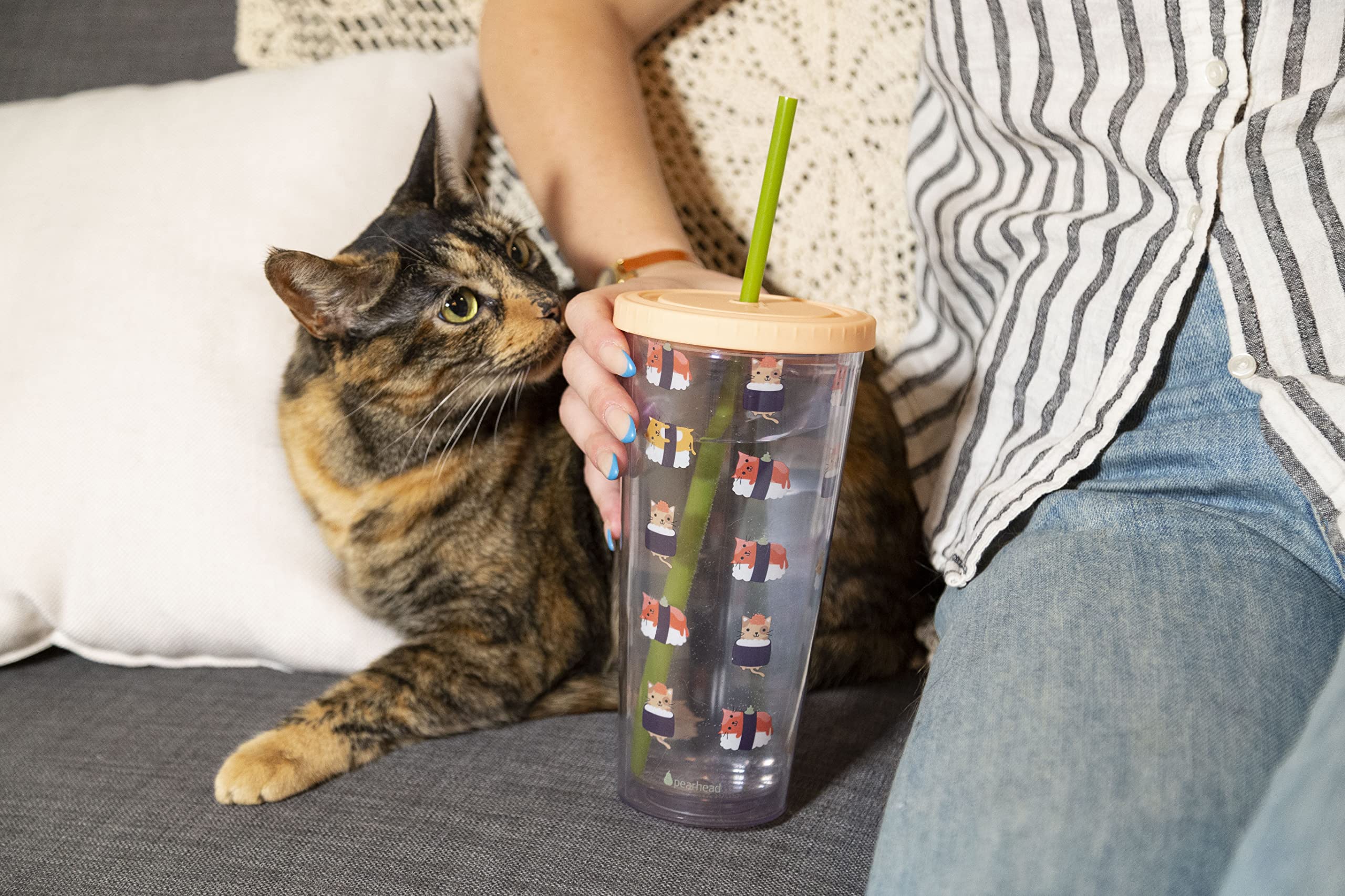 Pearhead Cat Sushi Water Tumbler, Pet Owner Travel Tumbler Cat Accessory, Cat Owner Water Cup for At Home or On-the-Go, Drink Tumbler with Twist on Lid and Reusable Straw, 22oz