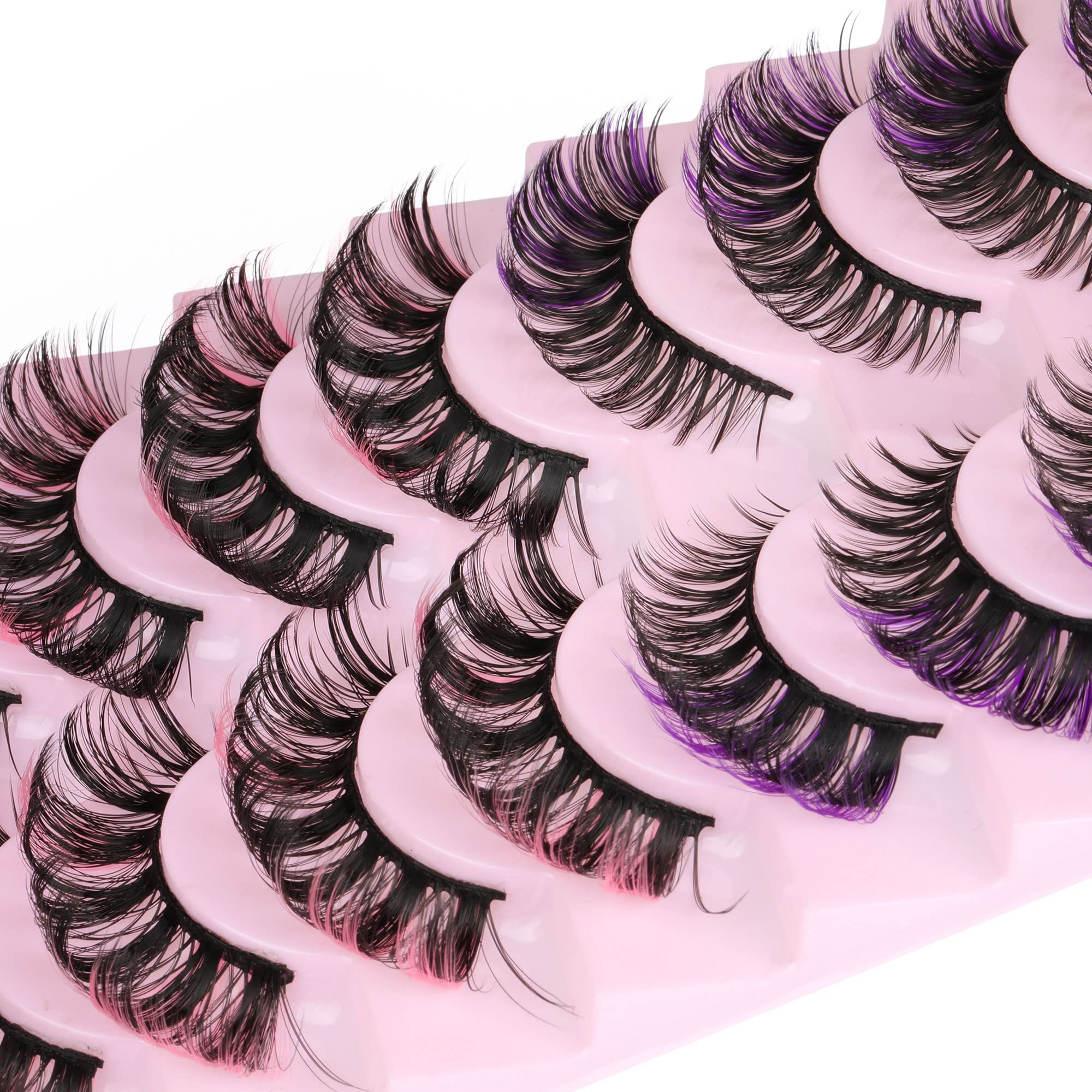 Colored Eyelashes D Curl False Eyelashes with Color Fluffy Wispy Fake Eyelashes Colored Lashes Strips 10 Pairs 2 Styles Cat Eye Lashes Pack by Zenotti (Pink & Purple)