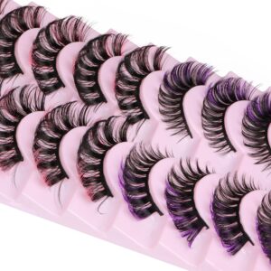 Colored Eyelashes D Curl False Eyelashes with Color Fluffy Wispy Fake Eyelashes Colored Lashes Strips 10 Pairs 2 Styles Cat Eye Lashes Pack by Zenotti (Pink & Purple)