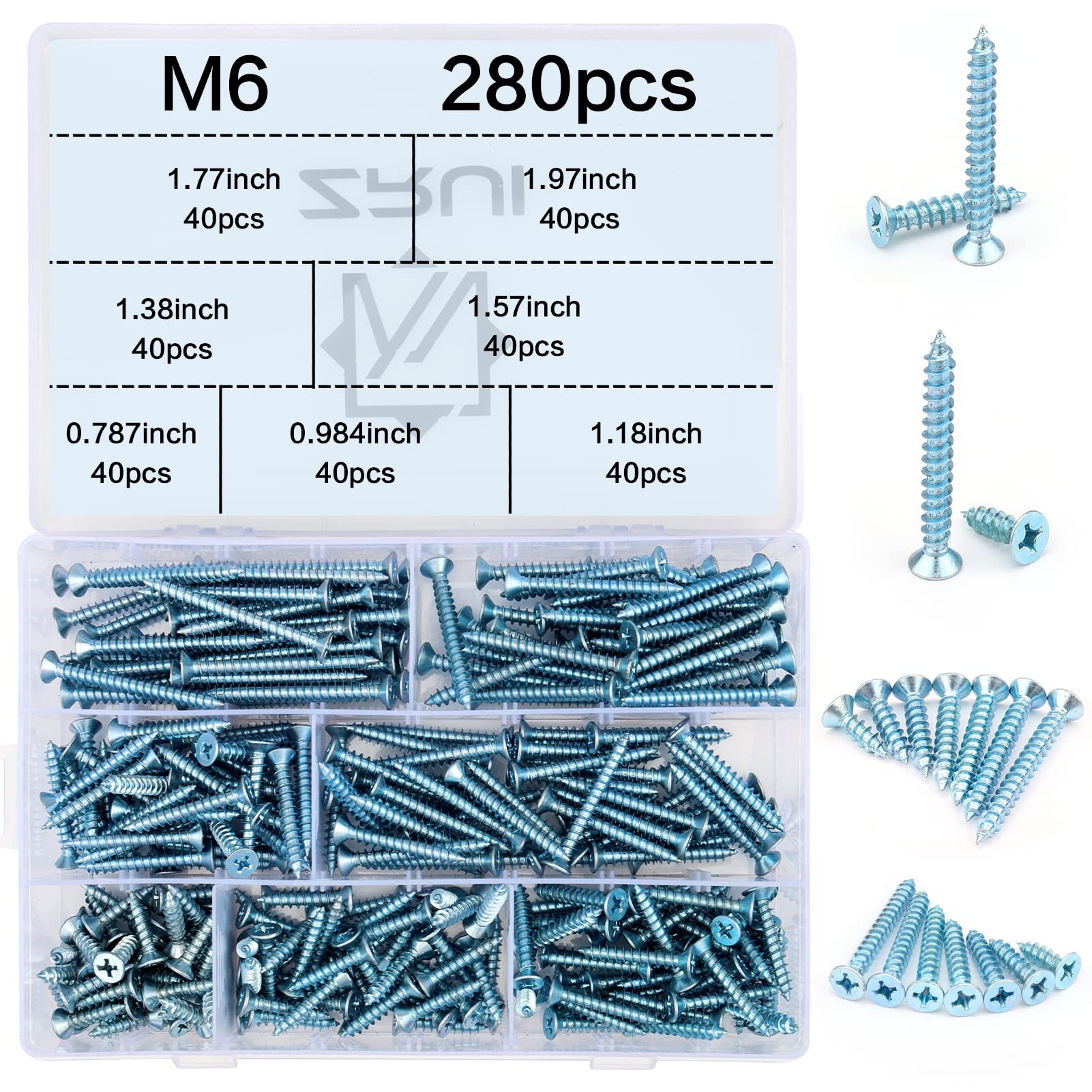 Drywall Screws Assortment Kit, Self Tapping Screws for Plastic, Wood, Drywall, Metal, Flat Head Screws, Multi Purpose Blue Carbon Steel, M6, 7 Different Sizes, 280pcs, Screw Set Assortment