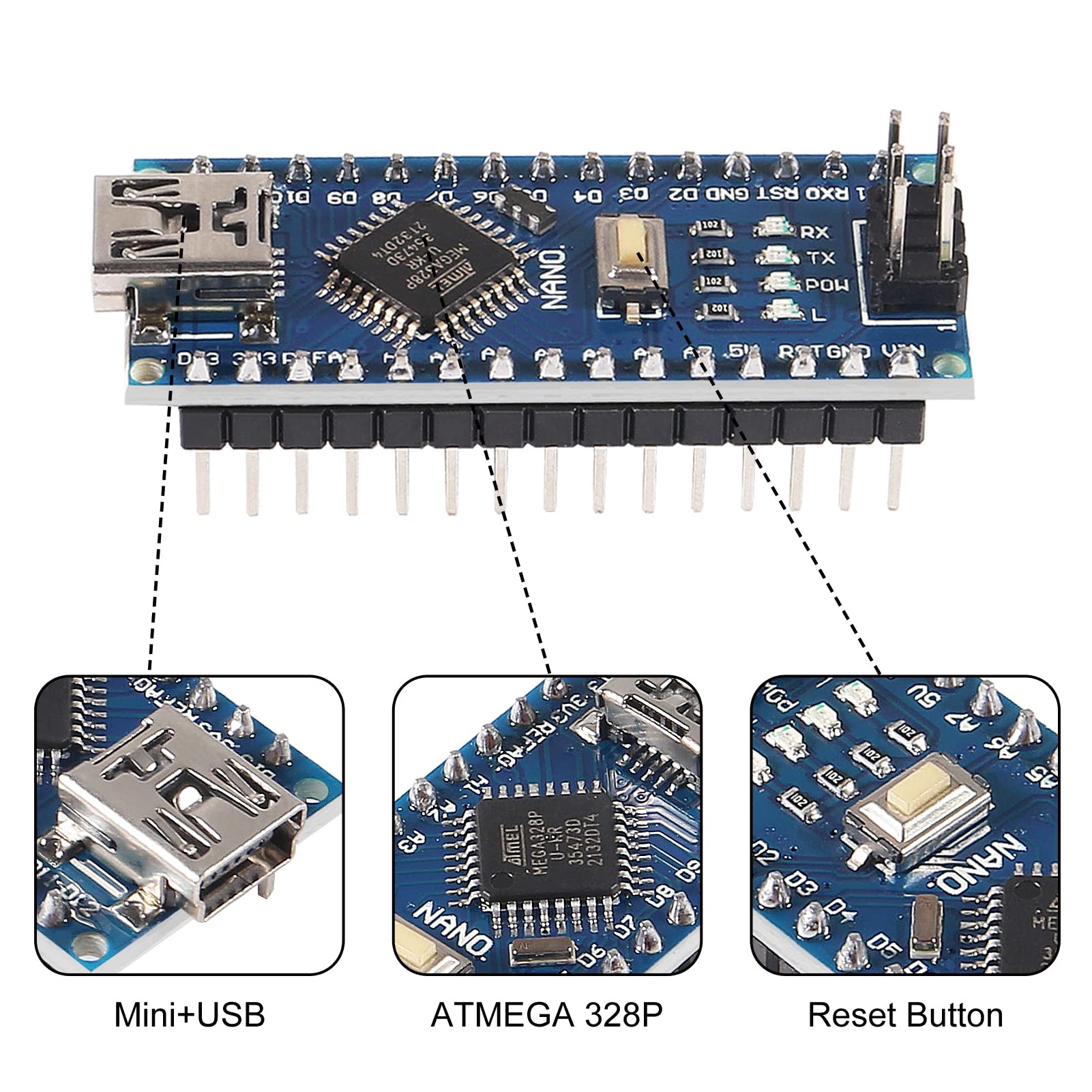 DWEII 2PCS for Nano V3.0 ATMEGA328P Module CH340C Chip 5V 16MHz Mini USB Micro-Controller Board with 2PCS Mini USB Cable Compatible with Arduino