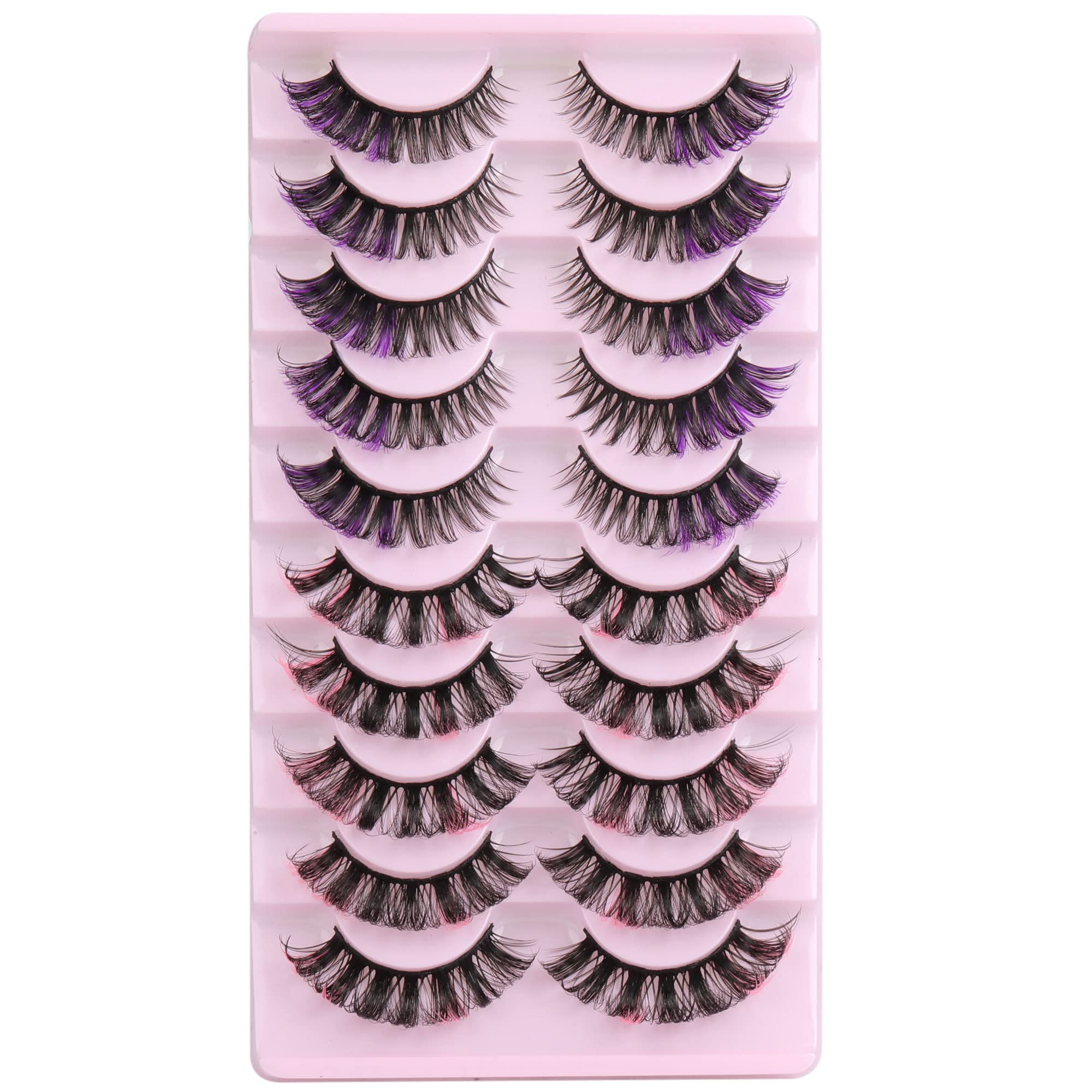 Colored Eyelashes D Curl False Eyelashes with Color Fluffy Wispy Fake Eyelashes Colored Lashes Strips 10 Pairs 2 Styles Cat Eye Lashes Pack by Zenotti (Pink & Purple)