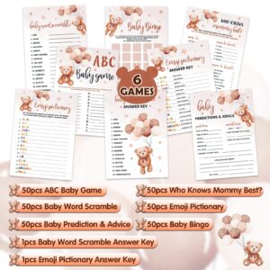 Sinasasspel 302pcs Teddy Bear Baby Shower Game Set of 6 Activities for 50 Guests Gender Neutral Includes Baby ABC, Bingo, Word Scramble, Baby Prediction and More, Each 5x7 Inches