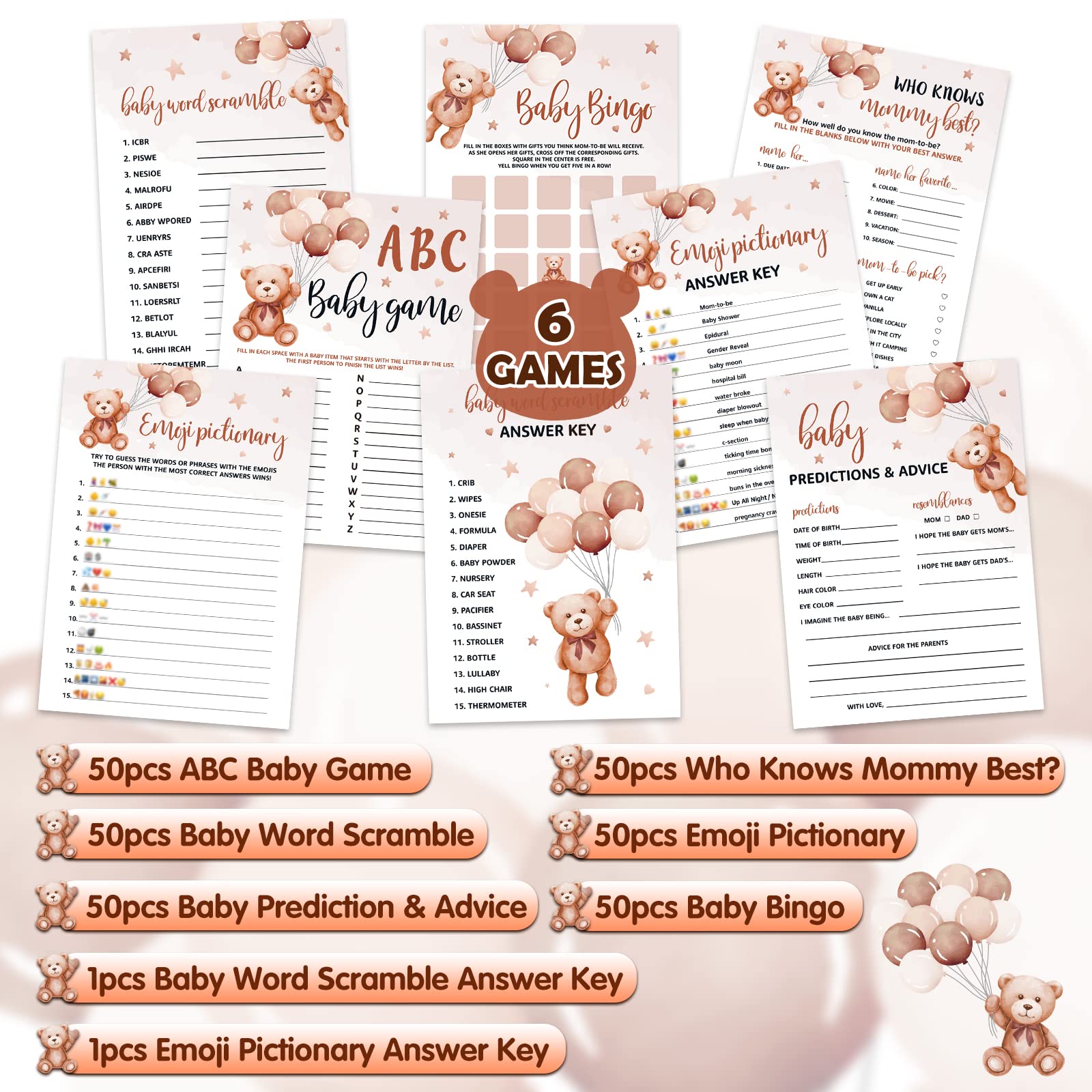 Sinasasspel 302pcs Teddy Bear Baby Shower Game Set of 6 Activities for 50 Guests Gender Neutral Includes Baby ABC, Bingo, Word Scramble, Baby Prediction and More, Each 5x7 Inches