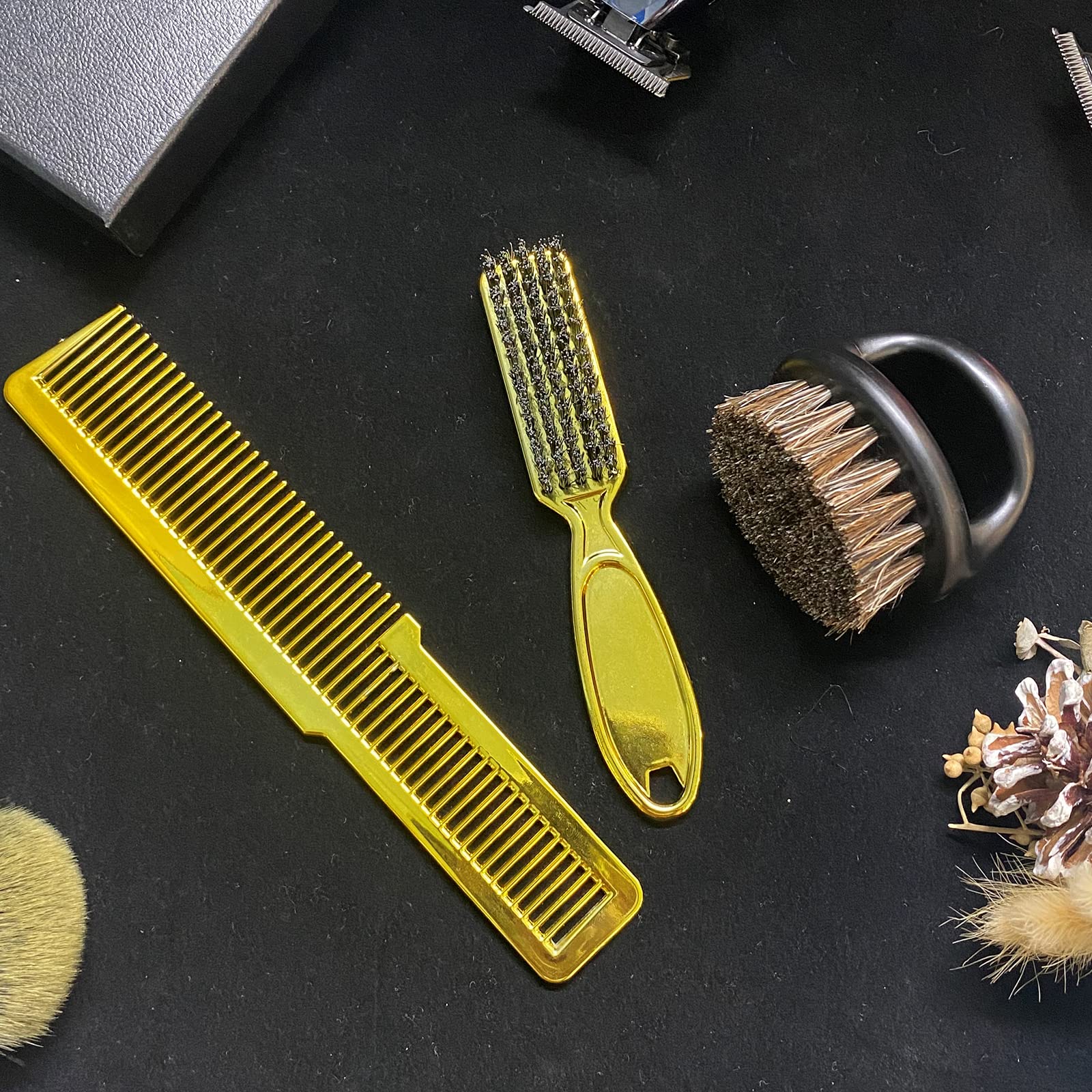 3 Pieces Barber Brush and Barber Comb Set, with Barber Blade Cleaning Brush Beard Brush Hair Cutting Comb, for Men Women Beauty Salons Home Use – Gold