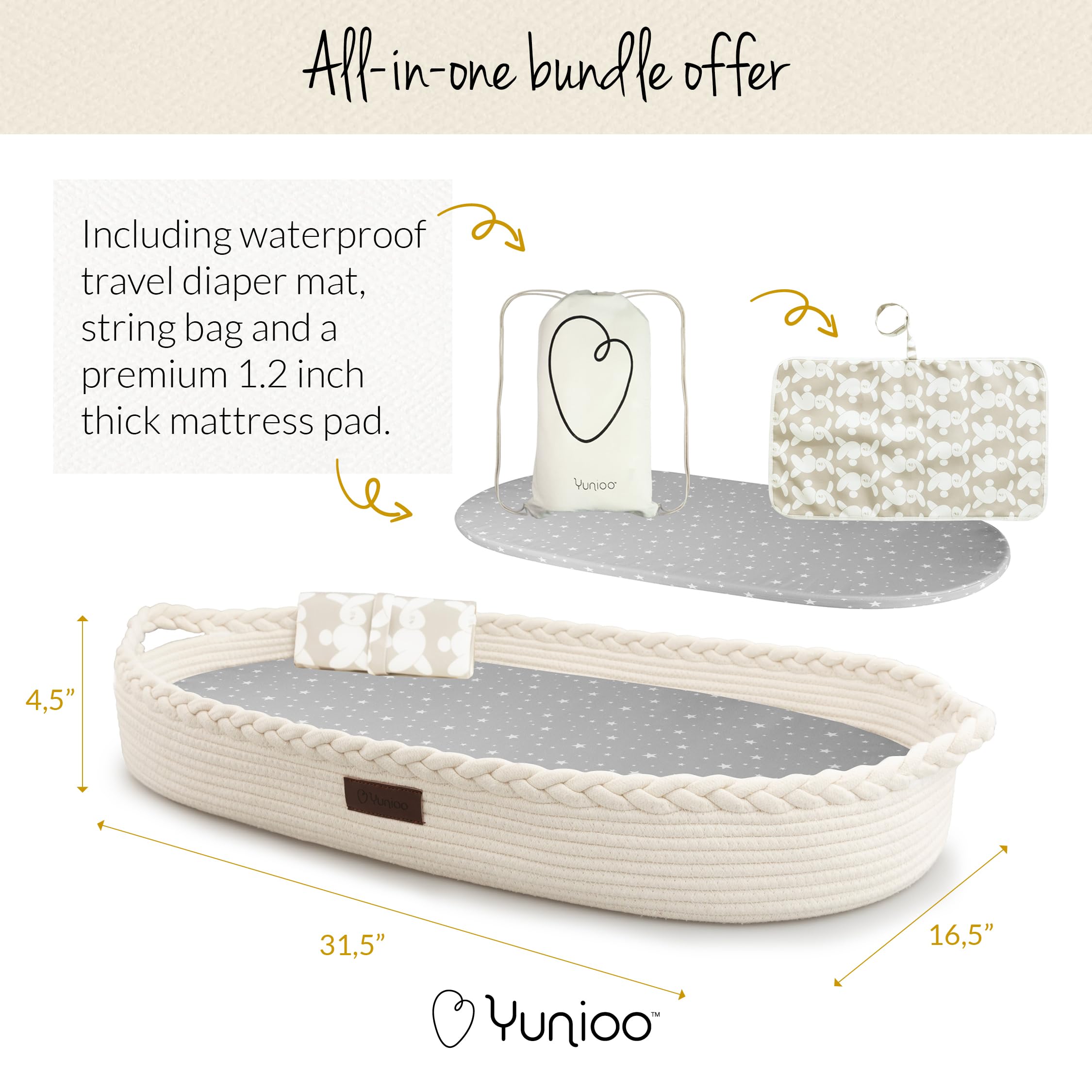 Yunioo XL Reinforced Baby Changing Basket with Extra Travel Diaper pad, Foldable Baby Changing Pad with Water Repellent Cover, Cotton Rope Baby Basket, Changing Table Topper for Dresser (White)