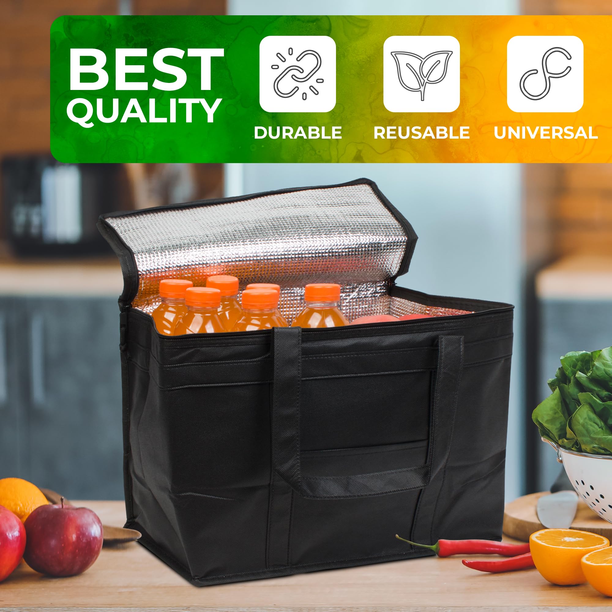 PUREVACY Insulated Food Delivery Bag, 13 x 14 x 8 Inch. 2 Pack Insulated Reusable Grocery Bags with Zipper. Polyester, Aluminum-Coated Insulated Bags for Food Delivery. Catering Bag for Food