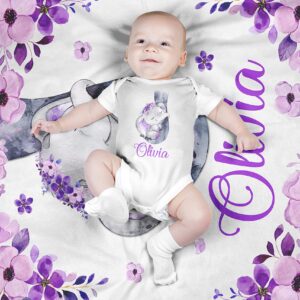 Personalized Cute Purple Elephant Animal Floral Baby Name Blanket Throw Fleece Swaddle Shower Super Soft Blanket Newborn Gifts for Baby Girl Daughter New Kid Bed Couch Sofa Decor