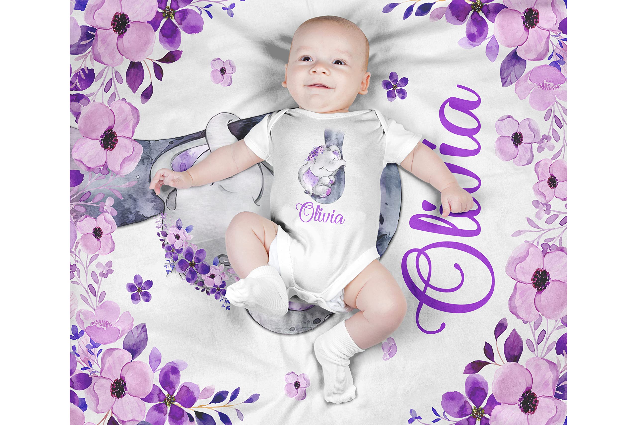 Personalized Cute Purple Elephant Animal Floral Baby Name Blanket Throw Fleece Swaddle Shower Super Soft Blanket Newborn Gifts for Baby Girl Daughter New Kid Bed Couch Sofa Decor