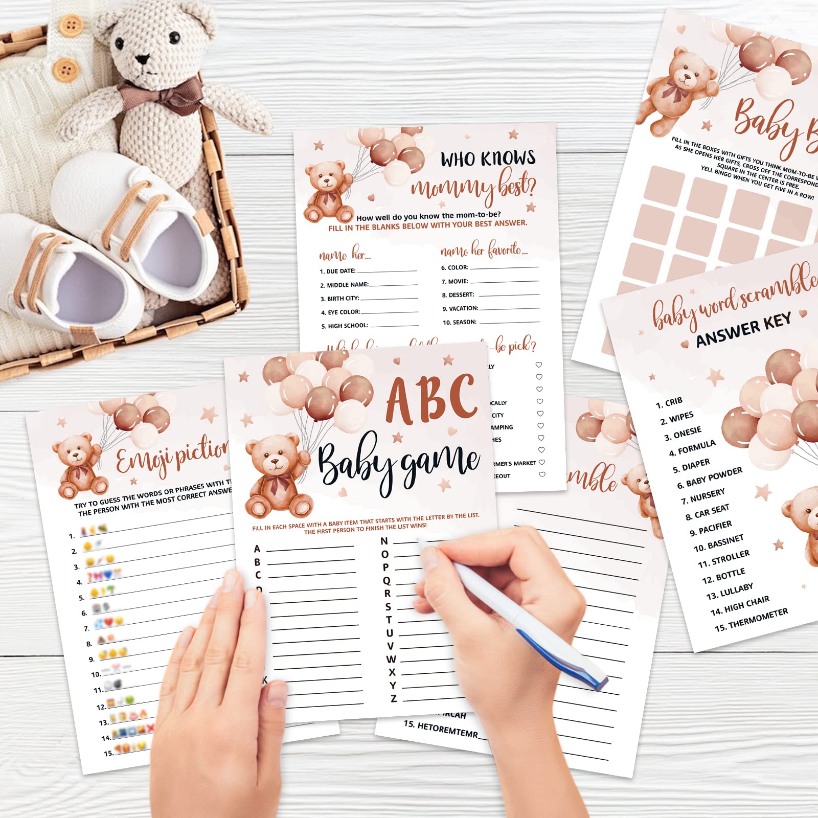 Sinasasspel 302pcs Teddy Bear Baby Shower Game Set of 6 Activities for 50 Guests Gender Neutral Includes Baby ABC, Bingo, Word Scramble, Baby Prediction and More, Each 5x7 Inches