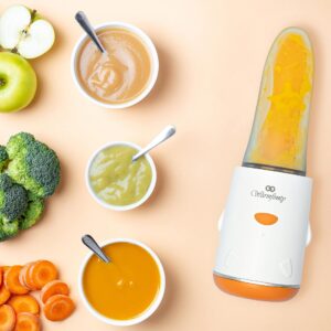 Warmfinity Portable Baby Food Processor – Multifunctional Baby Food Maker - Baby Puree Blender with Soft Silicon Spoon Feeder (White-Orange)