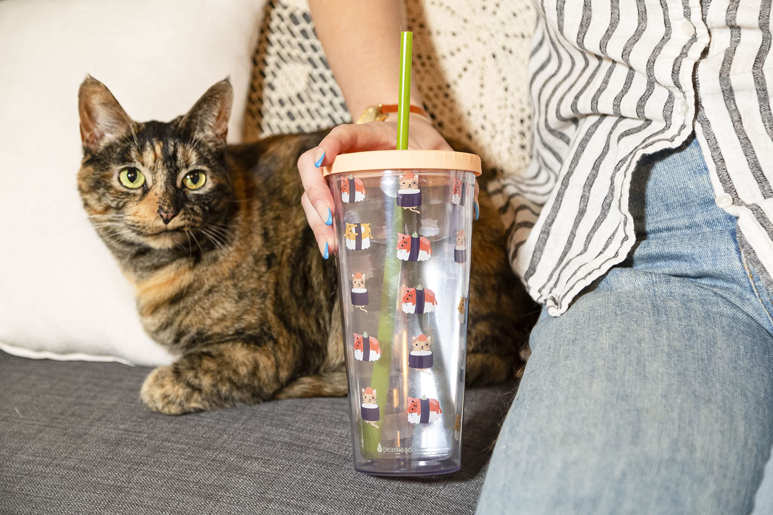 Pearhead Cat Sushi Water Tumbler, Pet Owner Travel Tumbler Cat Accessory, Cat Owner Water Cup for At Home or On-the-Go, Drink Tumbler with Twist on Lid and Reusable Straw, 22oz