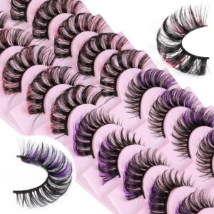 colored eyelashes d curl false eyelashes with color fluffy wispy fake eyelashes colored lashes strips 10 pairs 2 styles cat eye lashes pack by zenotti (pink & purple)