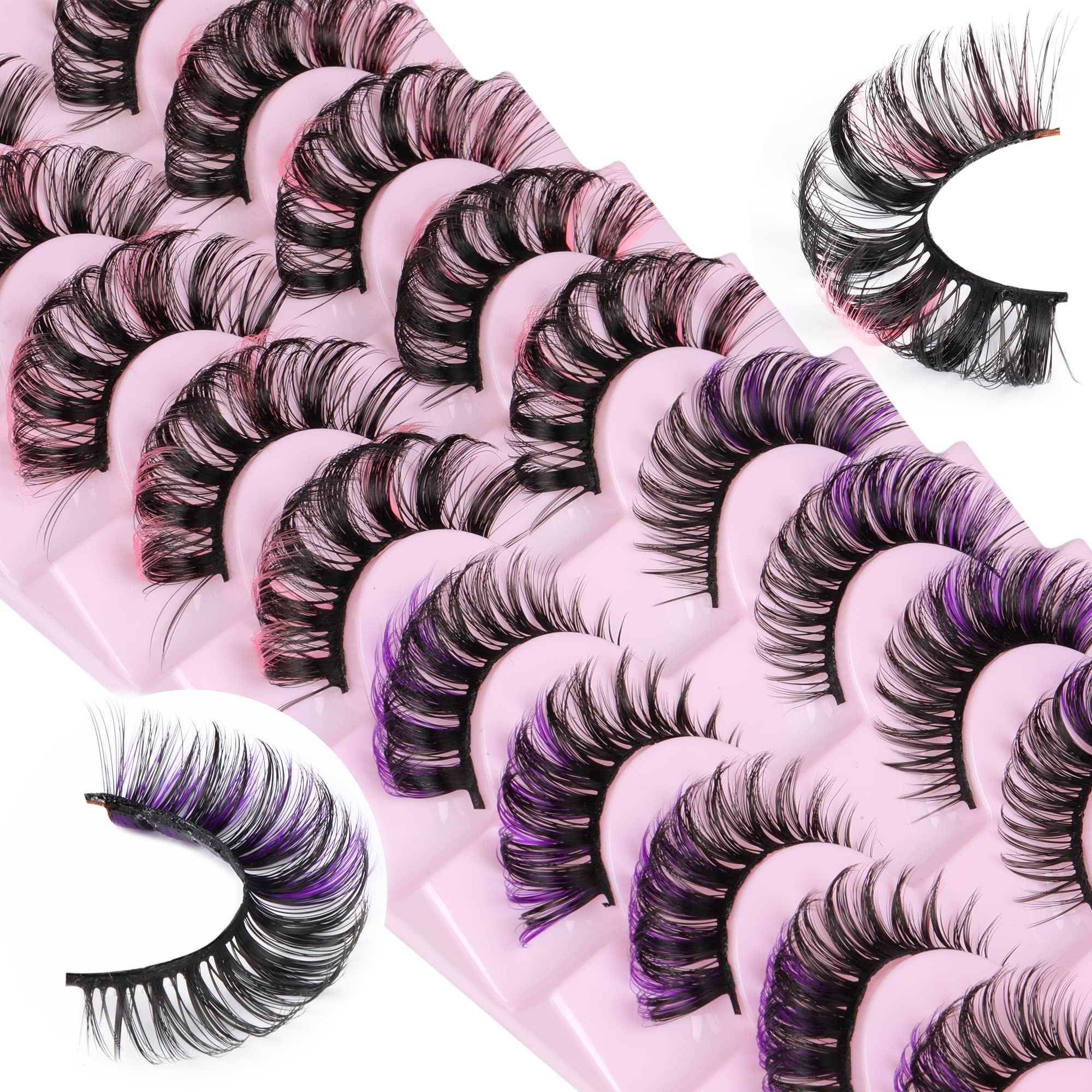 Colored Eyelashes D Curl False Eyelashes with Color Fluffy Wispy Fake Eyelashes Colored Lashes Strips 10 Pairs 2 Styles Cat Eye Lashes Pack by Zenotti (Pink & Purple)