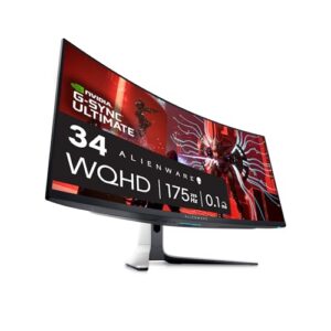 alienware aw3423dw curved gaming monitor 34.18 inch quantom dot-oled 1800r display, 3440x1440 pixels at 175hz, true 0.1ms gray-to-gray, 1m:1 contrast ratio, 1.07 billions colors - lunar light