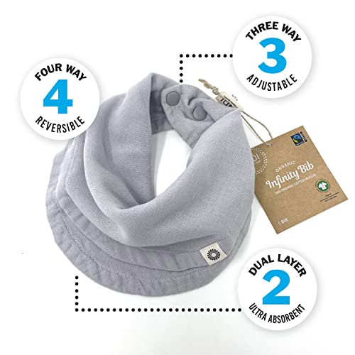 Kishu Baby Indi Infinity Scarf Bib - Super Soft Organic Cotton Muslin Drool Bib with Snaps (Cool Gray)