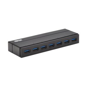 tripp lite 7-port usb-a mini hub - usb 3.2 gen 1, up to 5 gigabits per second, plug-and-play no software needed, international plug adapters for uk, eu, & australia - 1-year warranty (u360-007-int)