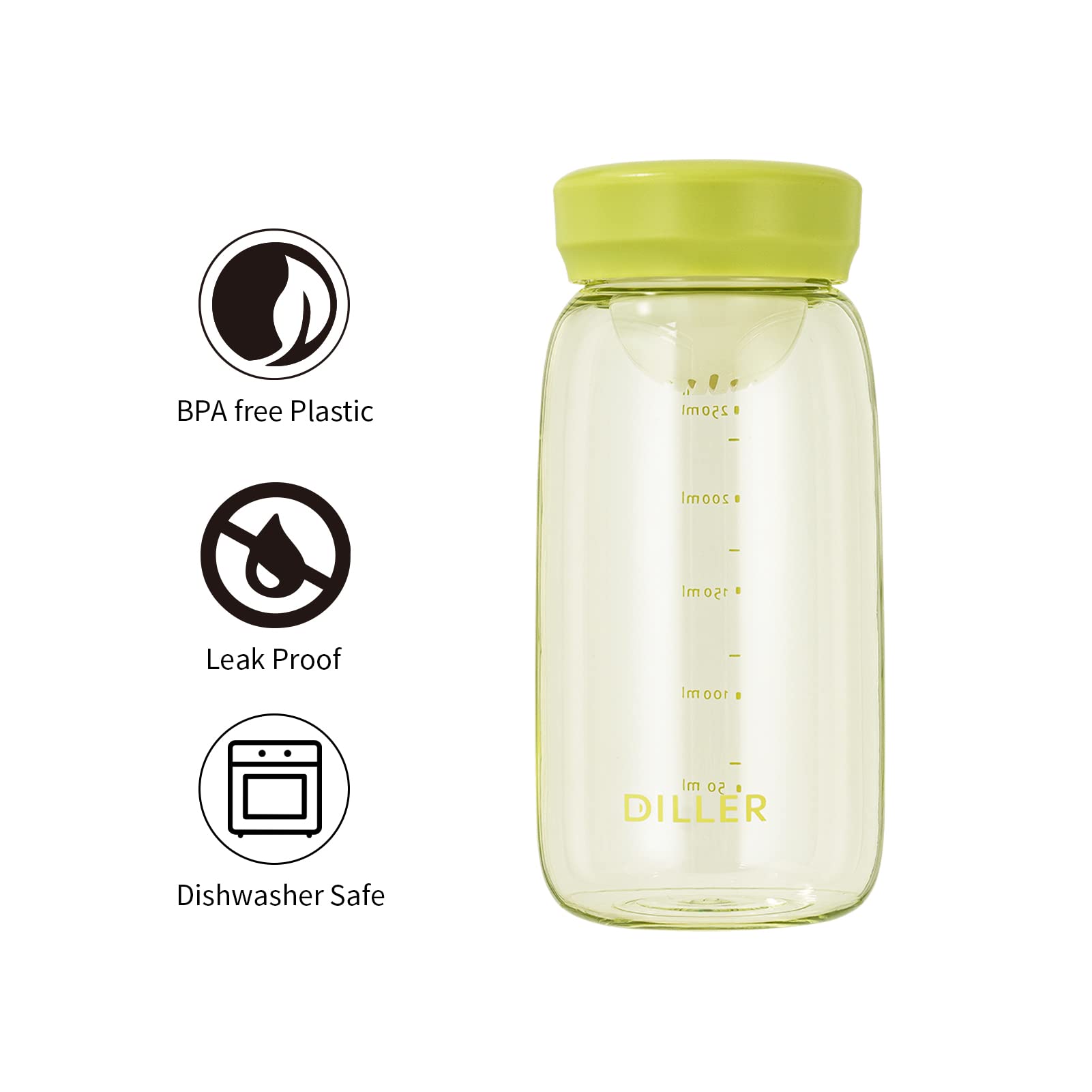 Diller Mini Plastic Water Bottle without Straw, 10 oz Small Plastic Bottle BPA Free & Safe for Girls, Kids, Fast Flow, Durable for Milk Tea (Green)