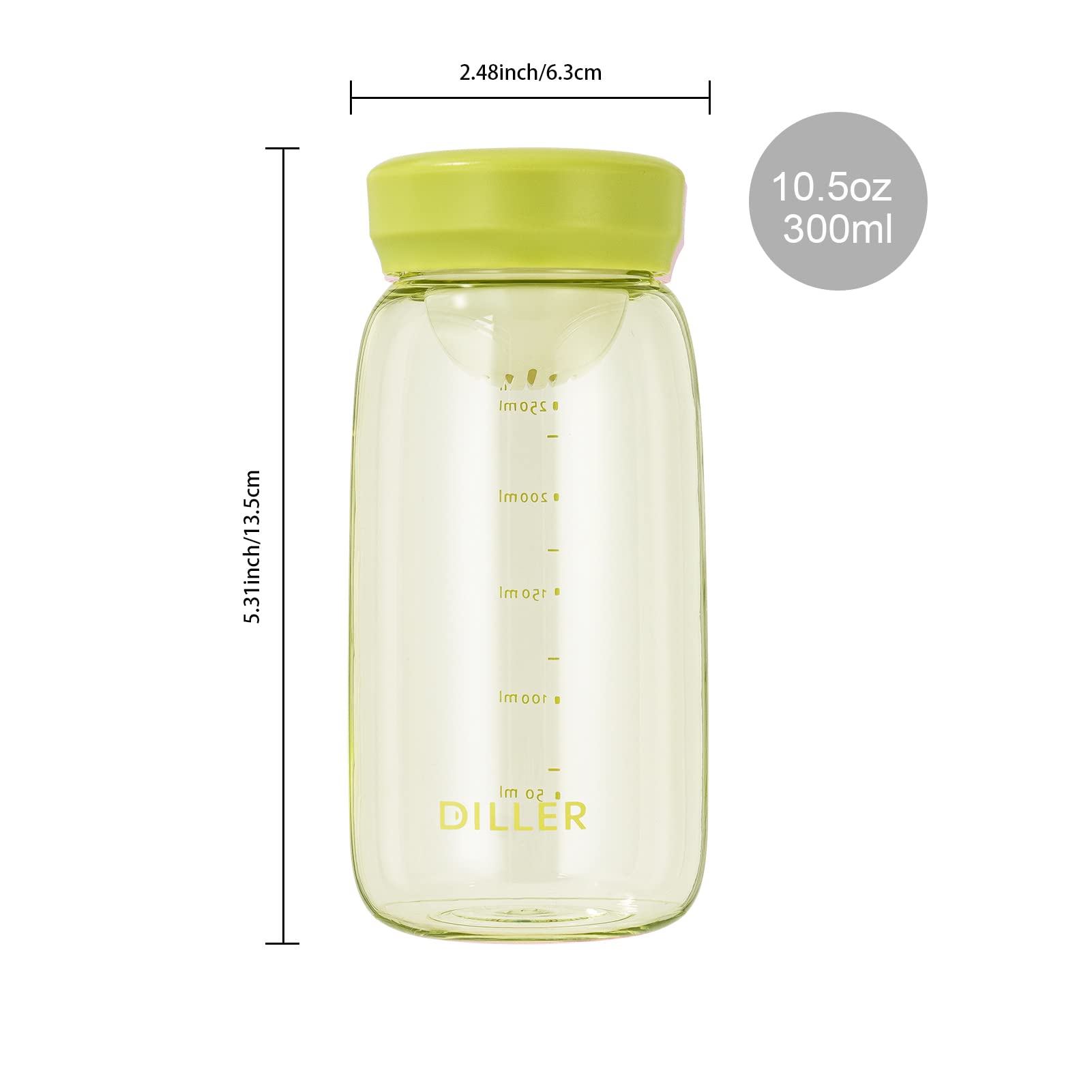 Diller Mini Plastic Water Bottle without Straw, 10 oz Small Plastic Bottle BPA Free & Safe for Girls, Kids, Fast Flow, Durable for Milk Tea (Green)