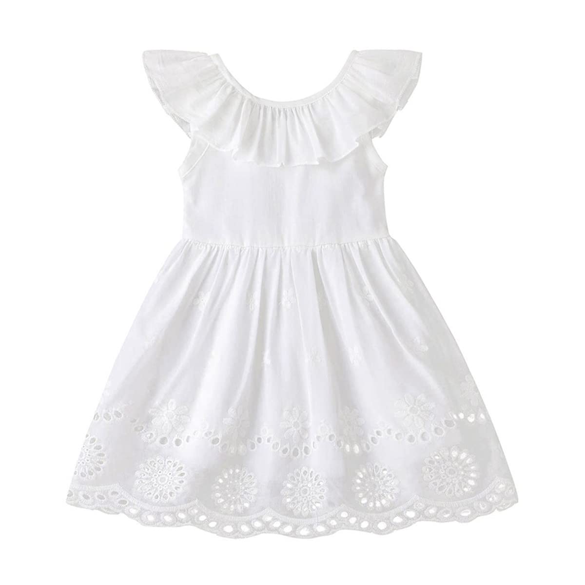 Aruzig Toddler Baby Girls Eyelet Dress White Ruffle Sleeveless Tunic Sundress Kids Casual Beach Party Clothes (White Embroidered Dress, 3-4T)