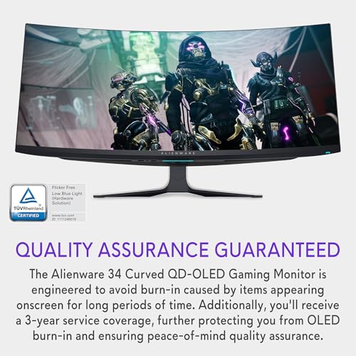 Alienware AW3423DW Curved Gaming Monitor 34.18 inch Quantom Dot-OLED 1800R Display, 3440x1440 Pixels at 175Hz, True 0.1ms Gray-to-Gray, 1M:1 Contrast Ratio, 1.07 Billions Colors - Lunar Light