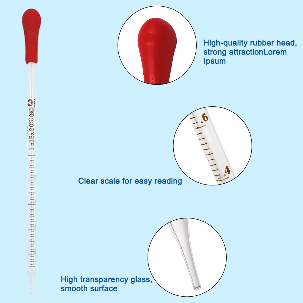 10 Pieces Glass Pipettes Graduated Dropper,Sonku 10pcs 1ml Long Glass Pipette Dropper with 10 Rubber Caps and 4pcs Droppers Brush