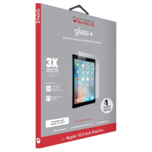 zagg invisibleshield glass+ screen protector for ipad pro 10.5 and ipad air 3 (3rd generation, 2019) - tempered glass, hd clarity, smudge resistant, impact and scratch protection - crystal clear