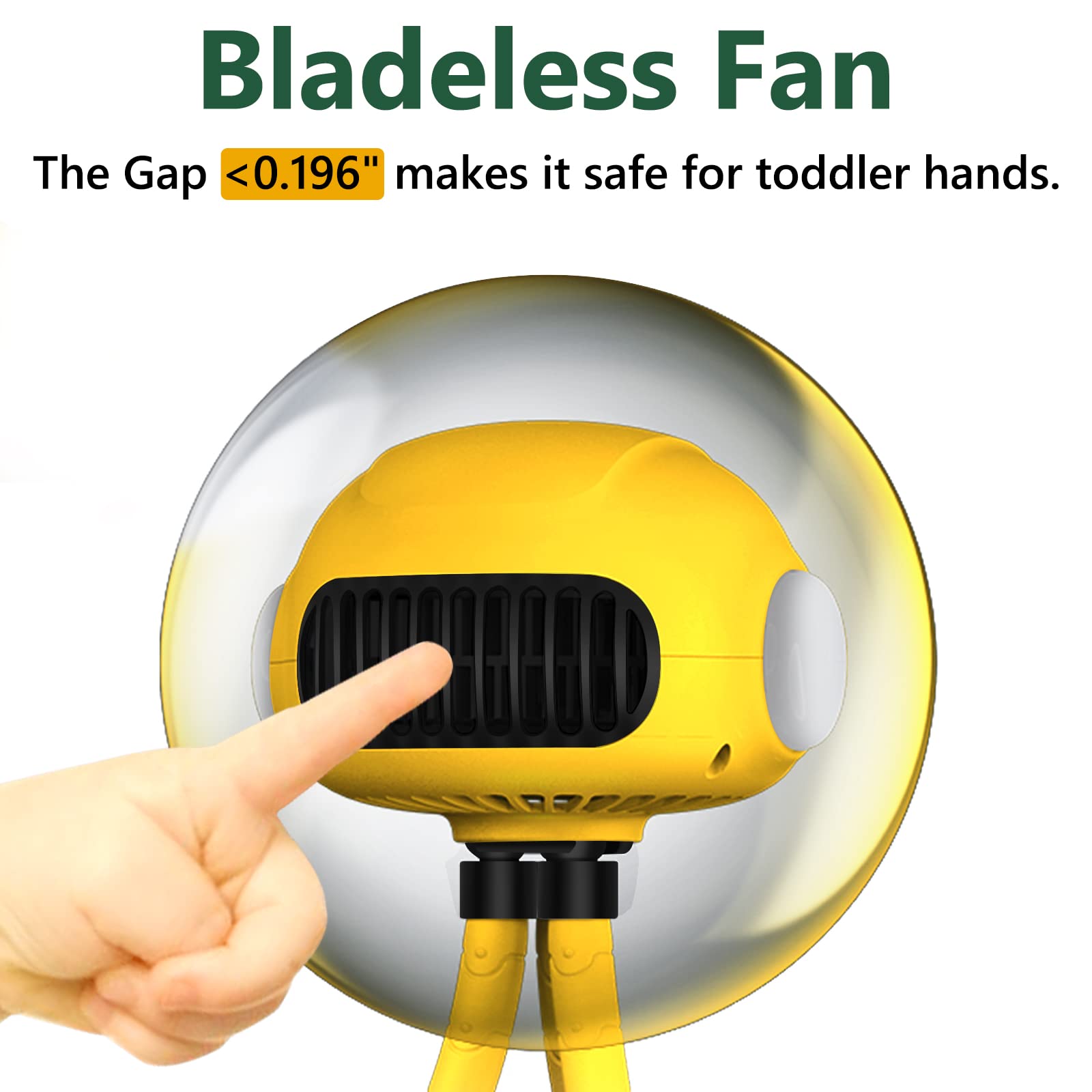 TRELC Stroller Fan with Light, 3 Speed Portable Handheld Bladeless Fan, Multipurpose Baby Fan, 3000mAh Rechargeable USB Fan for Stroller, Crib, Car Seat, Desk, Treadmill (Yellow)