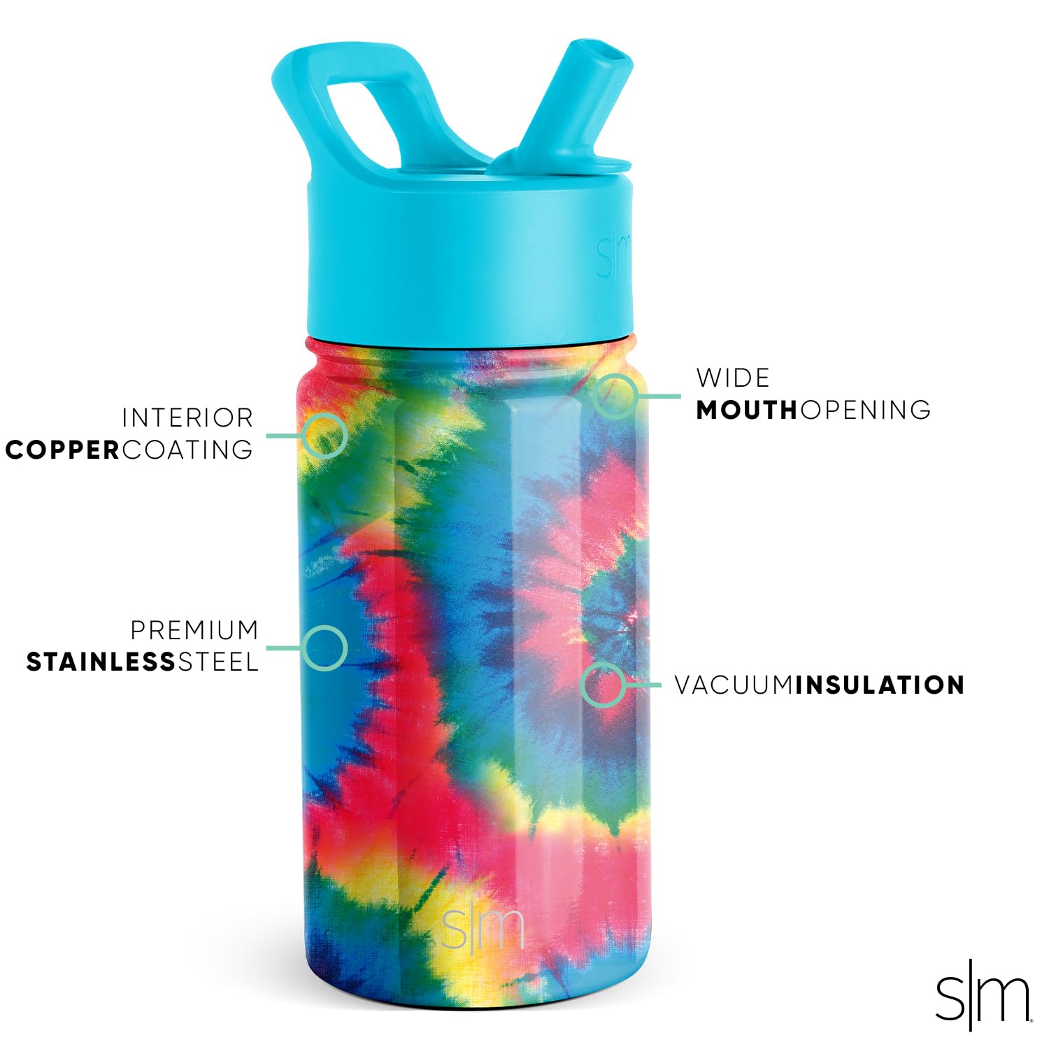 Simple Modern Kids Water Bottle with Straw Lid | Insulated Stainless Steel Reusable Tumbler for Toddlers, School | Summit Collection | 14oz, Tie-Dye