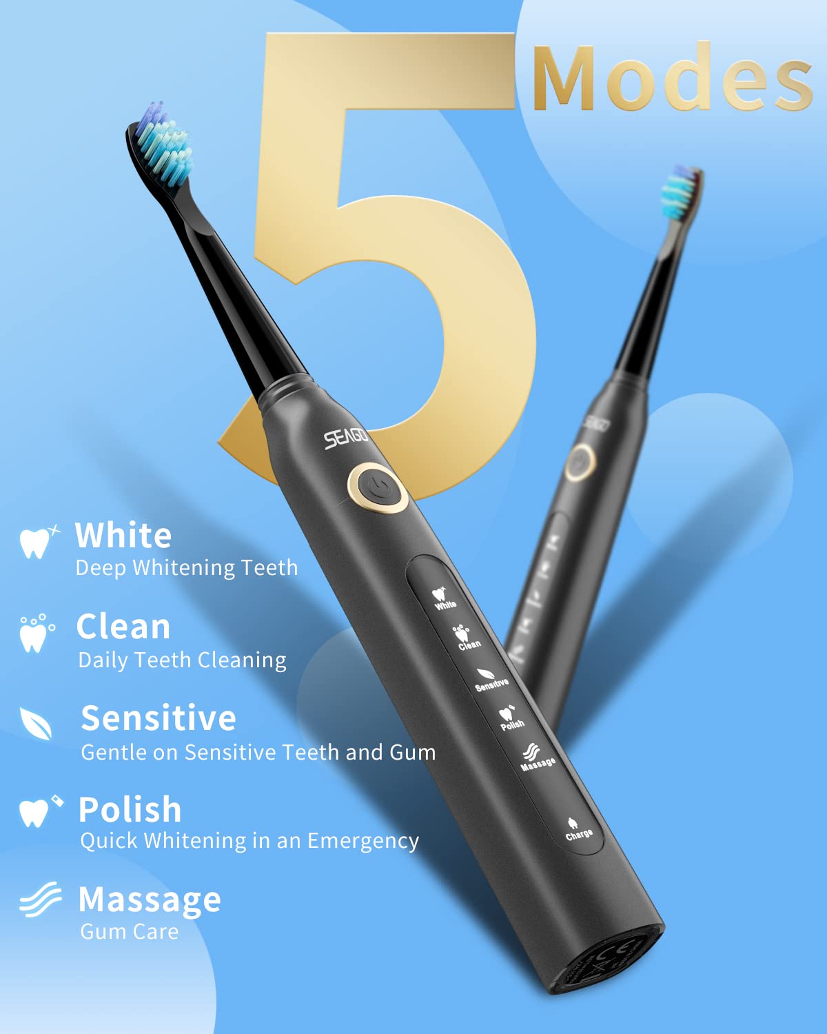 SEAGO Electric Toothbrush for Adults, Ultrasonic Toothbrushes with 8 Brush Heads, Rechargeable Electronic Toothbrush, Black, SG-507