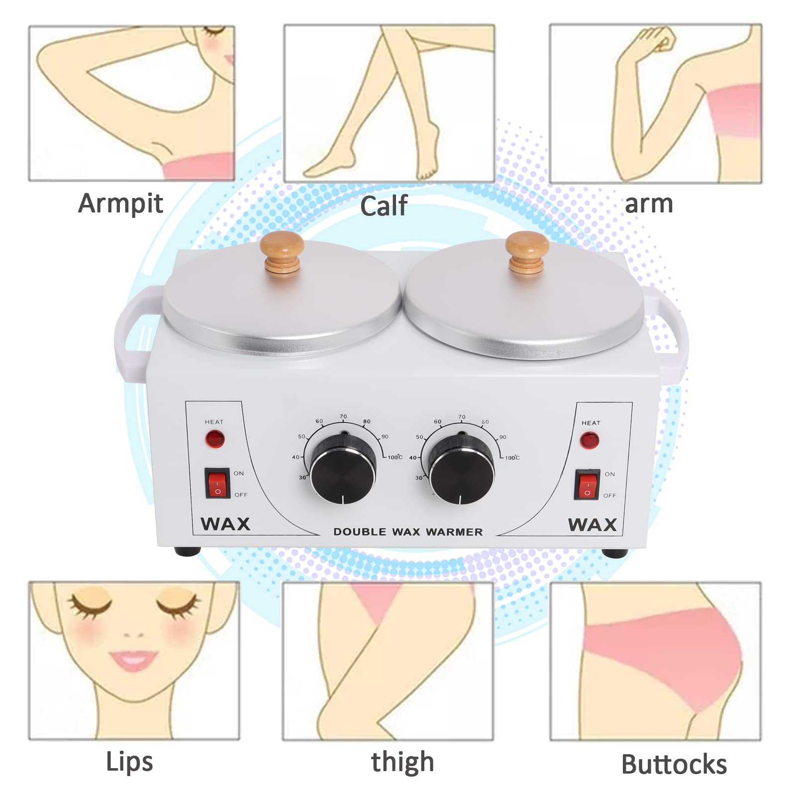 Upgraded Double Wax Warmer Professional Machine Pot Hot Heater Salon Heater Warmer Hair Removal Wax Pot Machine 20-100℃ Heater Warmer Hair Removal with Wooden Wax Sticks