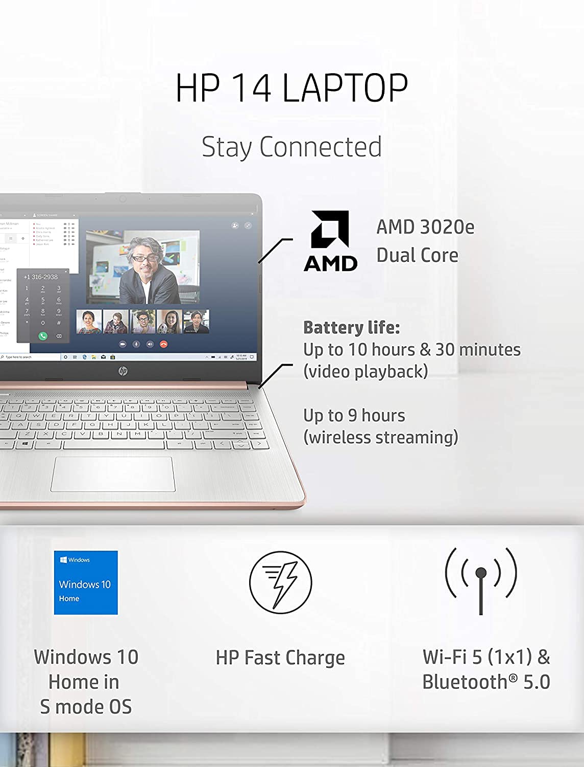 2022 HP Pavilion Laptop, 14-inch HD Touchscreen, AMD 3000 Series Processor, Long Battery Life, Webcam, HDMI, Windows 10 + One Year of Office365 (14, 16GB RAM | 320GB Storage, Rose Gold)