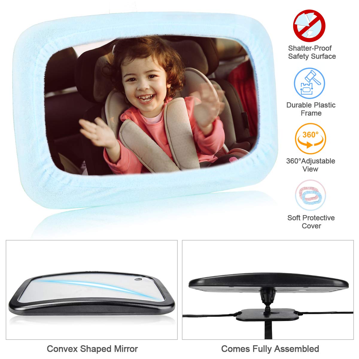 FACIACC Baby Car Mirrors for Back Seat, 360° Rotation Rear View Car Seat Mirror Safety Shatterproof Infant Rear Facing Mirror, Easy Assembled (Black+Blue)