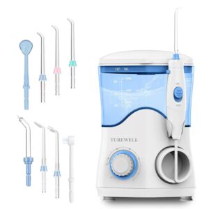 turewell fc162 water dental flosser for teeth/braces,10 pressure levels, 8 water jet tips for family, 600ml electric water dental oral irrigator for teeth clean (white)