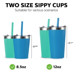 Kids Straw Cups Toddler Stainless Steel Stackable Cups with Silicone Straws and Lids 8.5 oz 12 oz Kids Insulated Spill Proof Tumblers Powder Coated Baby Drinking Cups for Boy Girl (Blue, Green, 4)