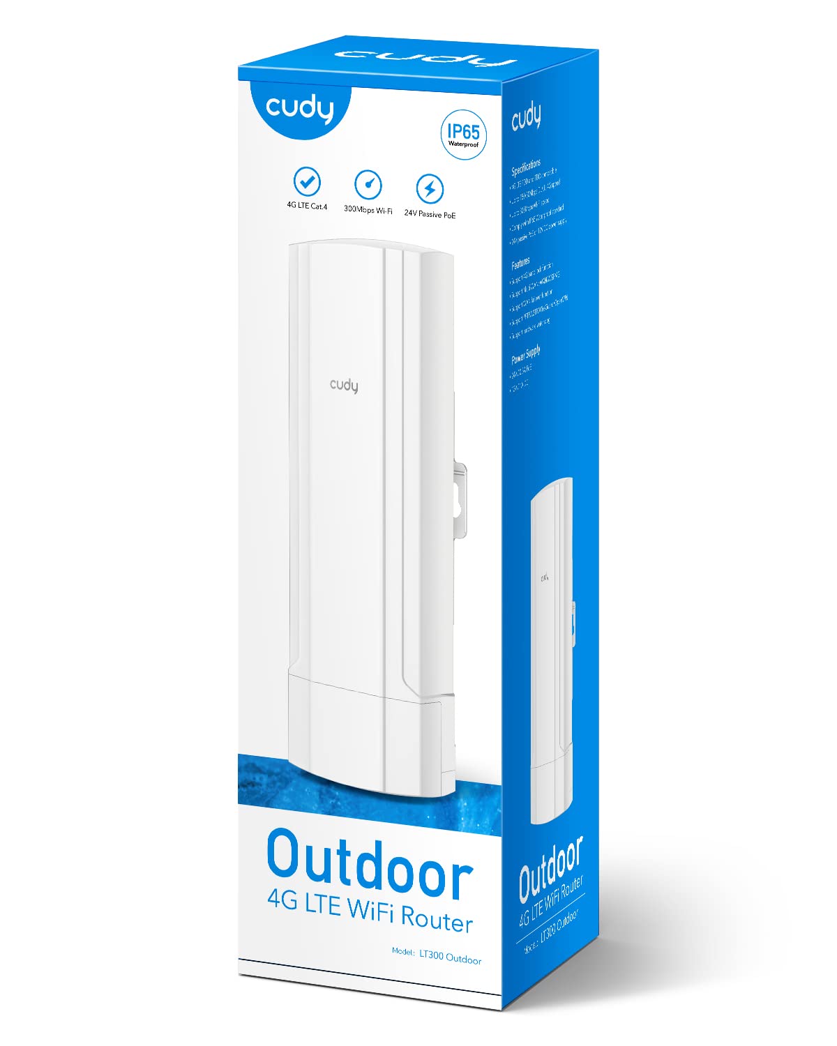 Cudy Unlocked Outdoor 4G LTE Modem Router with SIM Card Slot, N300 WiFi, EC25-AFX, IP65, PoE or DC, Pole or Wall mounting, DDNS, VPN, Cloudflare, LT300 Outdoor