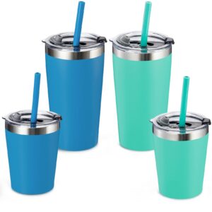 kids straw cups toddler stainless steel stackable cups with silicone straws and lids 8.5 oz 12 oz kids insulated spill proof tumblers powder coated baby drinking cups for boy girl (blue, green, 4)