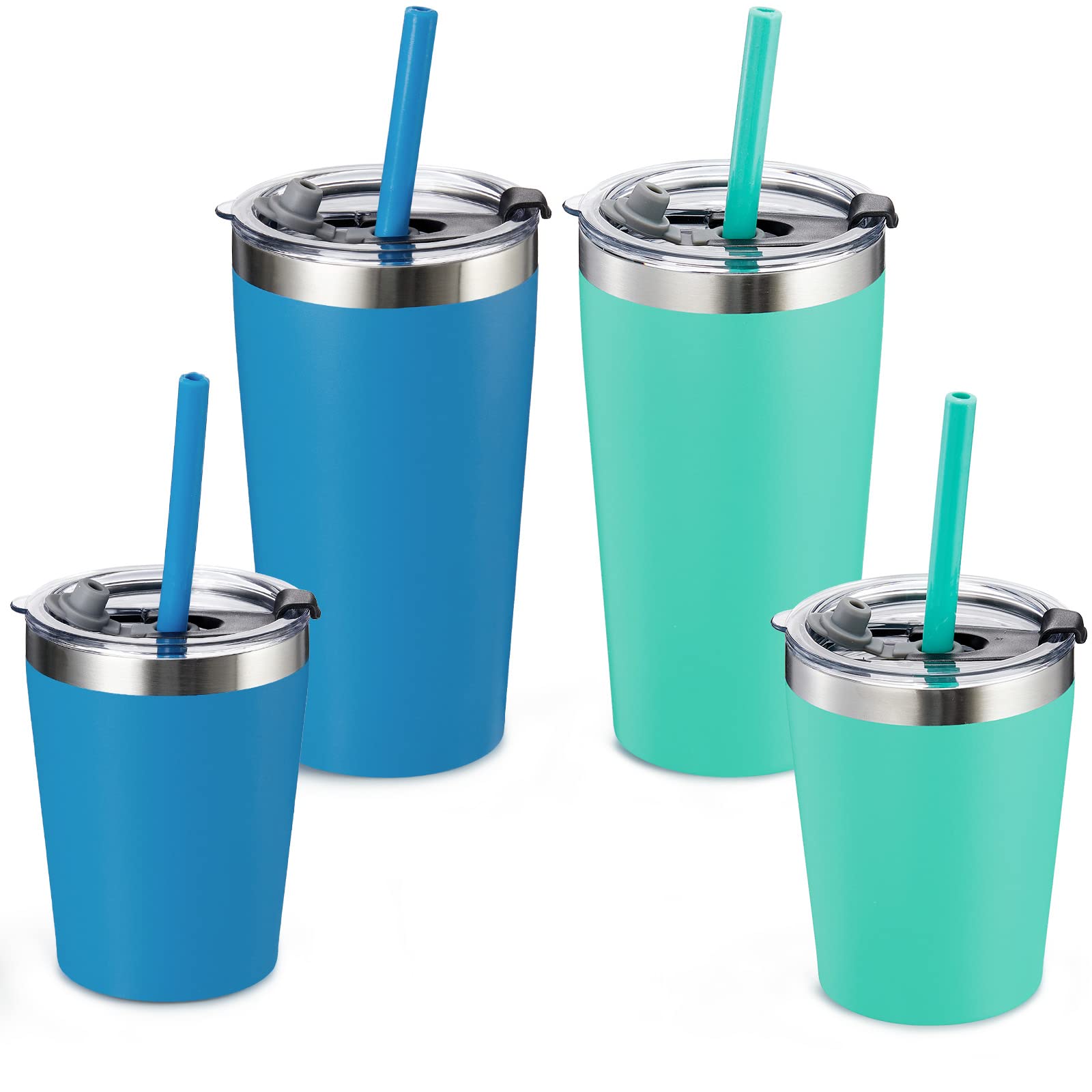 Kids Straw Cups Toddler Stainless Steel Stackable Cups with Silicone Straws and Lids 8.5 oz 12 oz Kids Insulated Spill Proof Tumblers Powder Coated Baby Drinking Cups for Boy Girl (Blue, Green, 4)