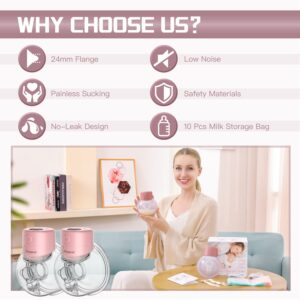 Wearable Breast Pump, 2 Modes & 9 Levels Electric Breast Pump Portable, Double Hands Free Breast Pump with 10 Pcs Milk Storage Bag, LCD Display, Low Noise & Painless, 24mm Flange, 2 Pack