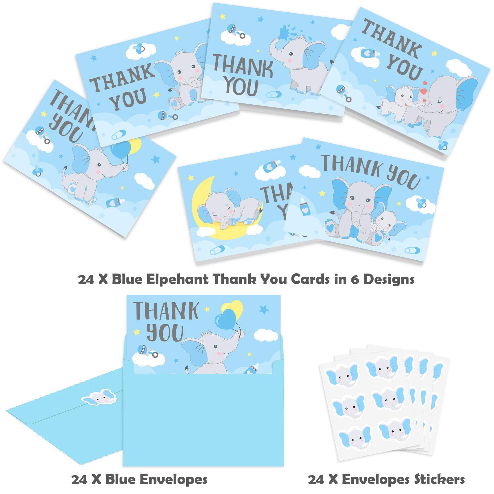 Baby Shower Thank You Cards 24pcs Elephant Baby Shower for boy Thank You Card with Envelopes & Stickers Blue Little Peanut Baby Shower Thank You Cards Boy Baby Birthday Favors Gift Cards