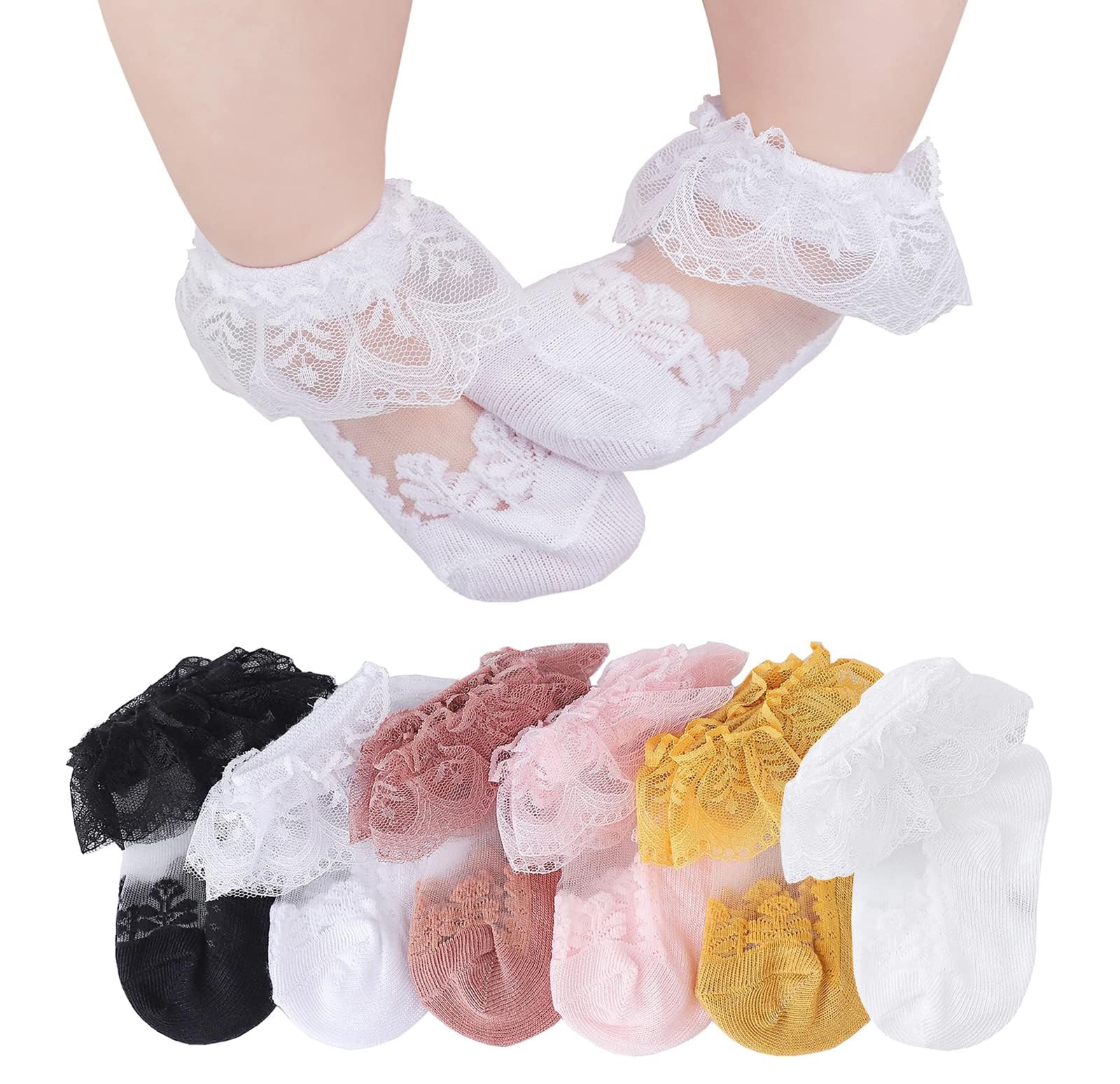 CHUNG Baby Toddler Girls Princess Cotton Frilly Socks Lace Ruffle Pack of 4/5/6 Thin Mesh Summer for Dress (3-12M, Crystal 6 pairs)