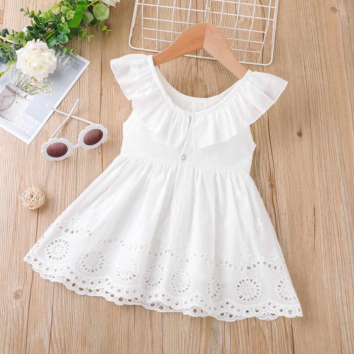 Aruzig Toddler Baby Girls Eyelet Dress White Ruffle Sleeveless Tunic Sundress Kids Casual Beach Party Clothes (White Embroidered Dress, 3-4T)