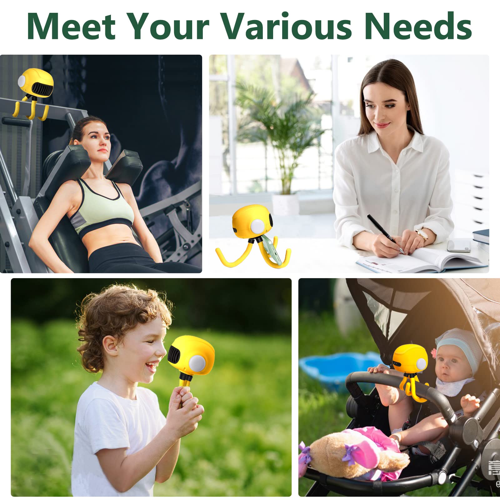 TRELC Stroller Fan with Light, 3 Speed Portable Handheld Bladeless Fan, Multipurpose Baby Fan, 3000mAh Rechargeable USB Fan for Stroller, Crib, Car Seat, Desk, Treadmill (Yellow)