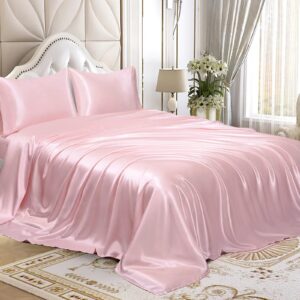 100% satin silk bedding set with 10-12" deep pockets, cooling soft, full 54" x 75" 4 piece sheet set baby pink solid