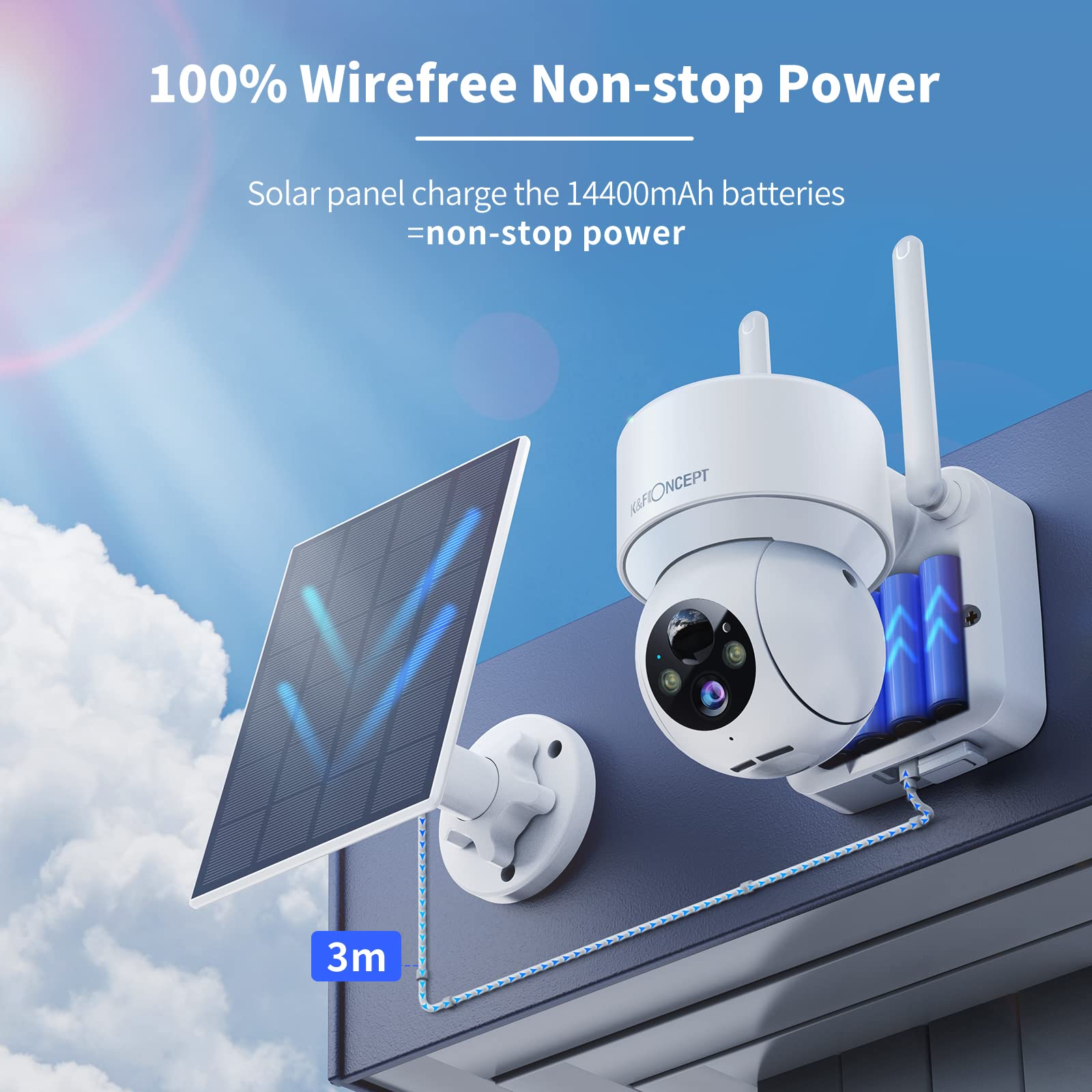 K&F Concept Solar Security Camera Wireless Outdoor, 2.4G WiFi Solar & Battery Powered Surveillance Camera, PTZ Home Security Camera with Color Night Vision & Siren/Motion Detection, 2 Way Talk