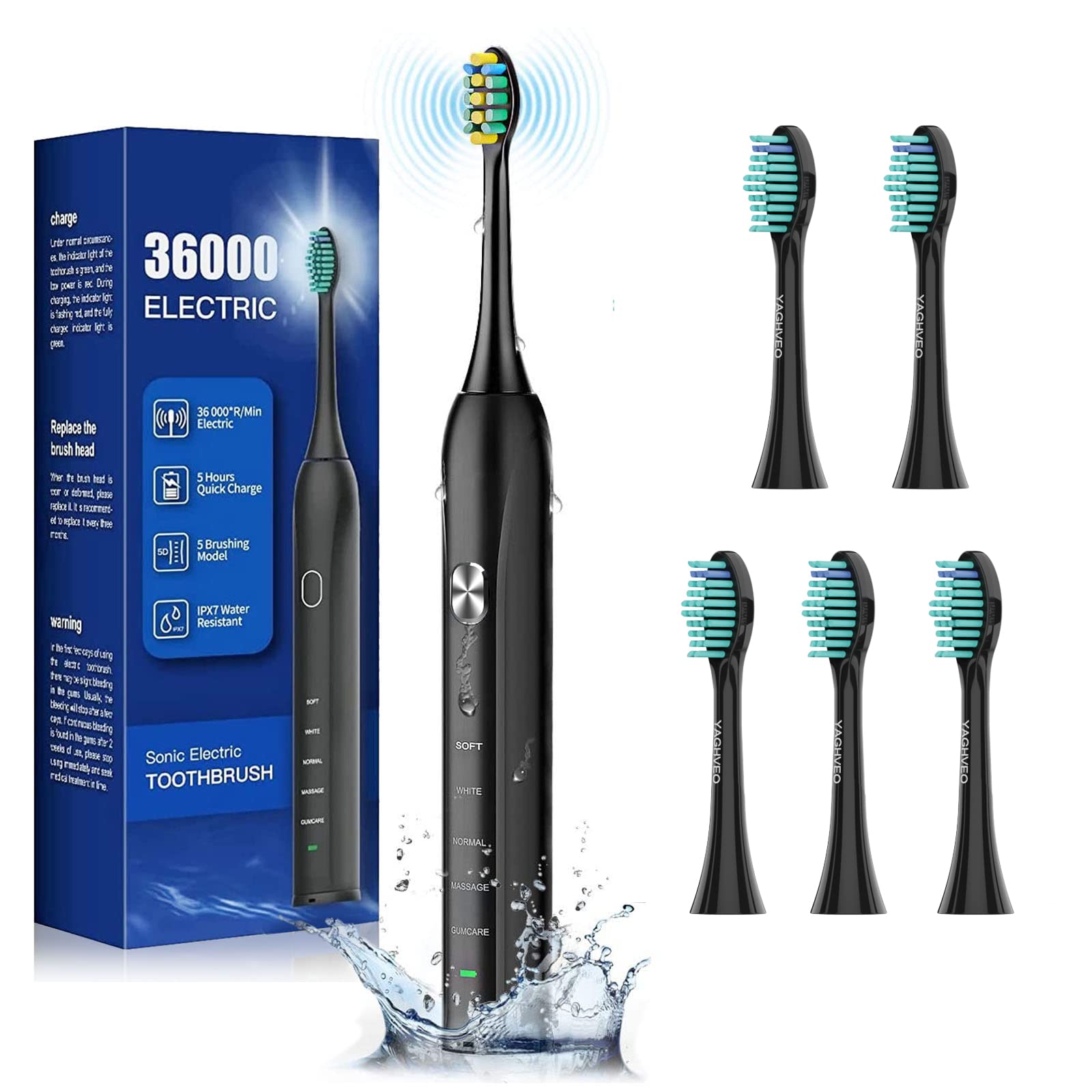 YAGHVEO Electric Toothbrush for Adults, Sonic Toothbrush, Deep Clean, 5 Modes, 4 Hours Fast Charge for 50 Days Use (5 Heads - Black)…