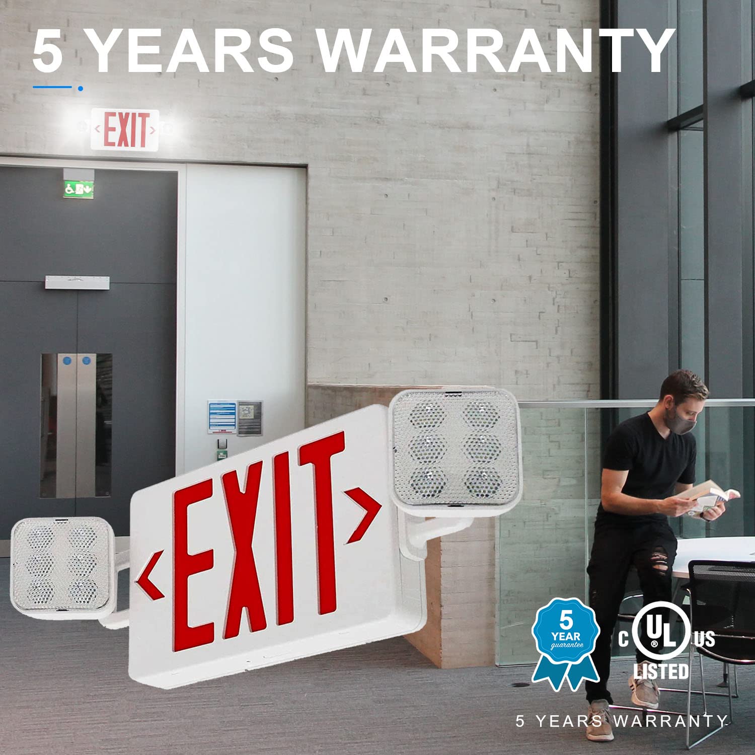 Exit Signs with Emergency Lights, Red LED Two Adjustable Head Emergency Exit Light with Backup Battery, AC 120V/277V, ABS Fire Resistant, UL Listed (2Pack)