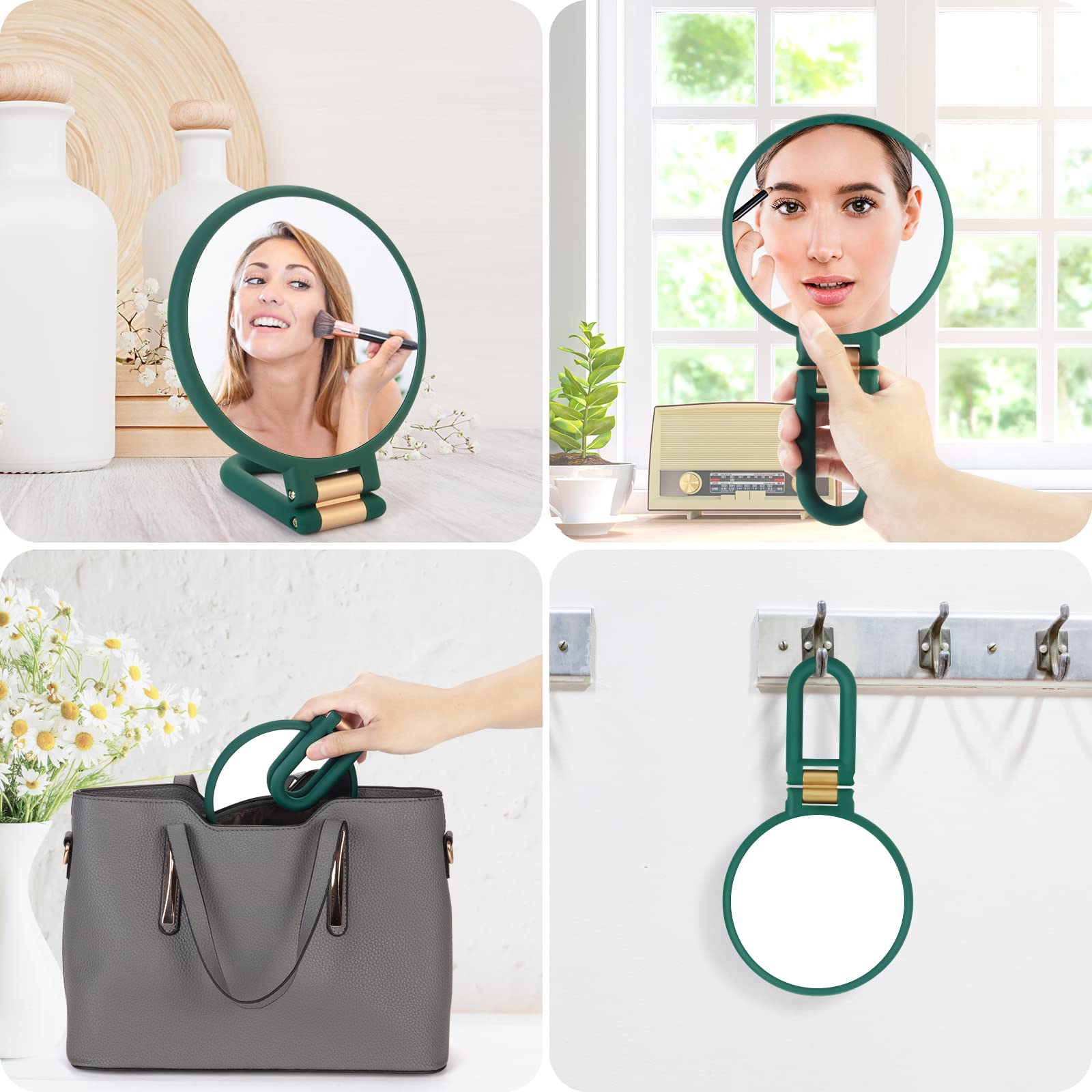 Martvex Handheld Mirror, 1x 15x Magnifying Makeup Mirror with Handle Double Side Hand Held Mirror with 1x15x Magnification & Foldable Handle, Portable Travel Makeup Hand Mirror for Women (Army Green)