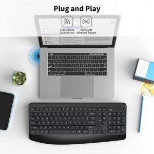 TechGround Ergonomic Wireless Keyboard, Full Size 2.4GHz Wireless Keyboard with Palm Rest for PC, Laptop, Windows - Black